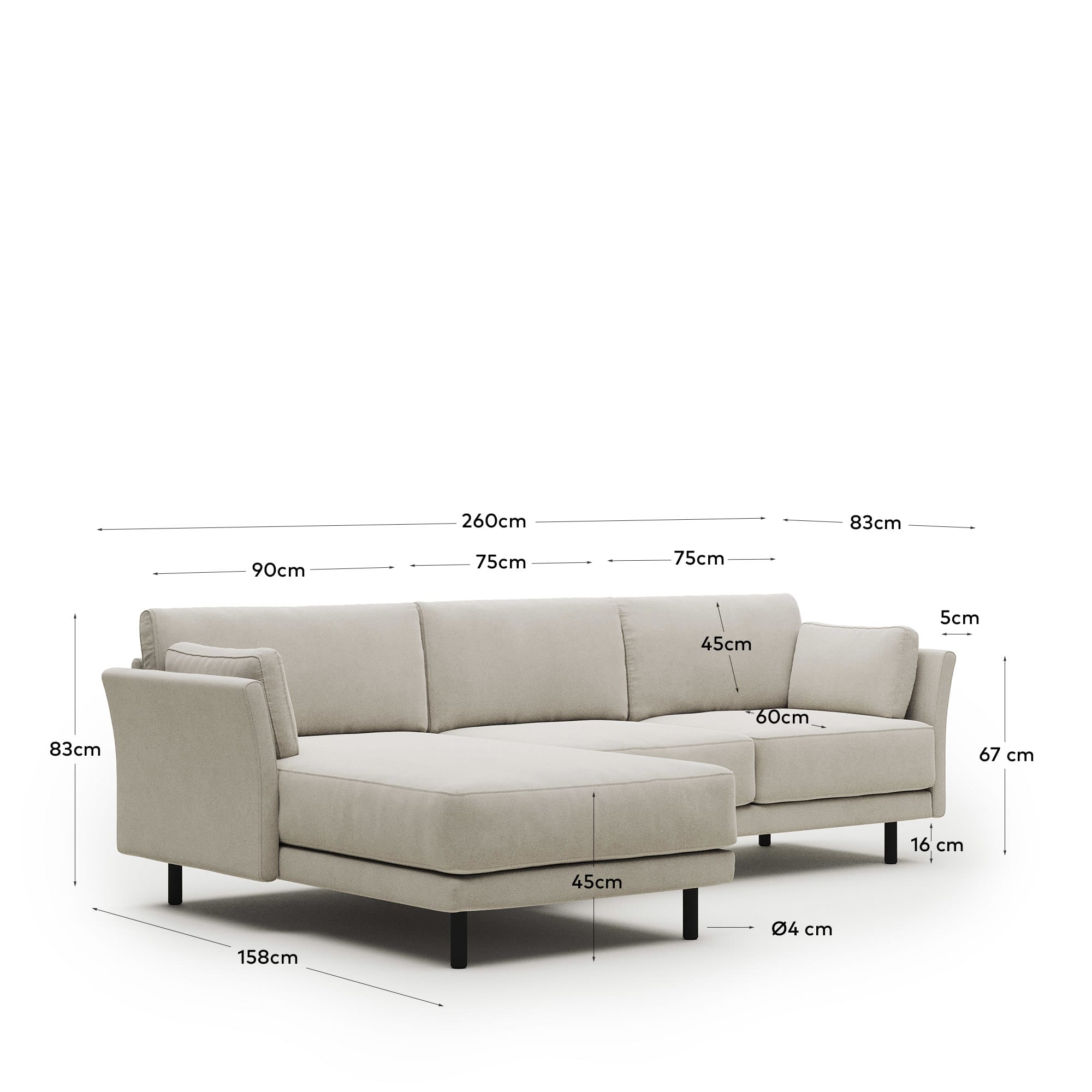 Gilma 3 seater sofa left/right chaise longue in white with black legs ...