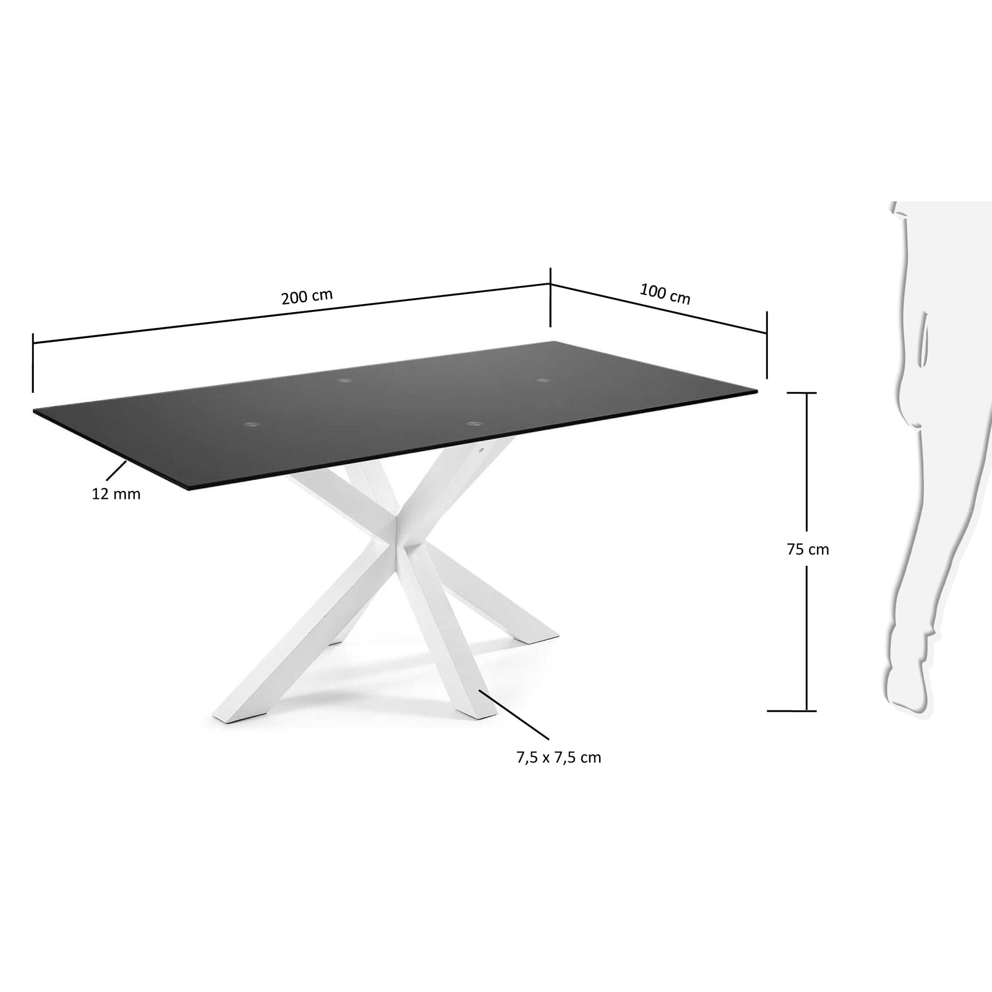 Table Argo en verre noir mat et pieds en acier finition blanche 200 x 100 cm | Kave Home