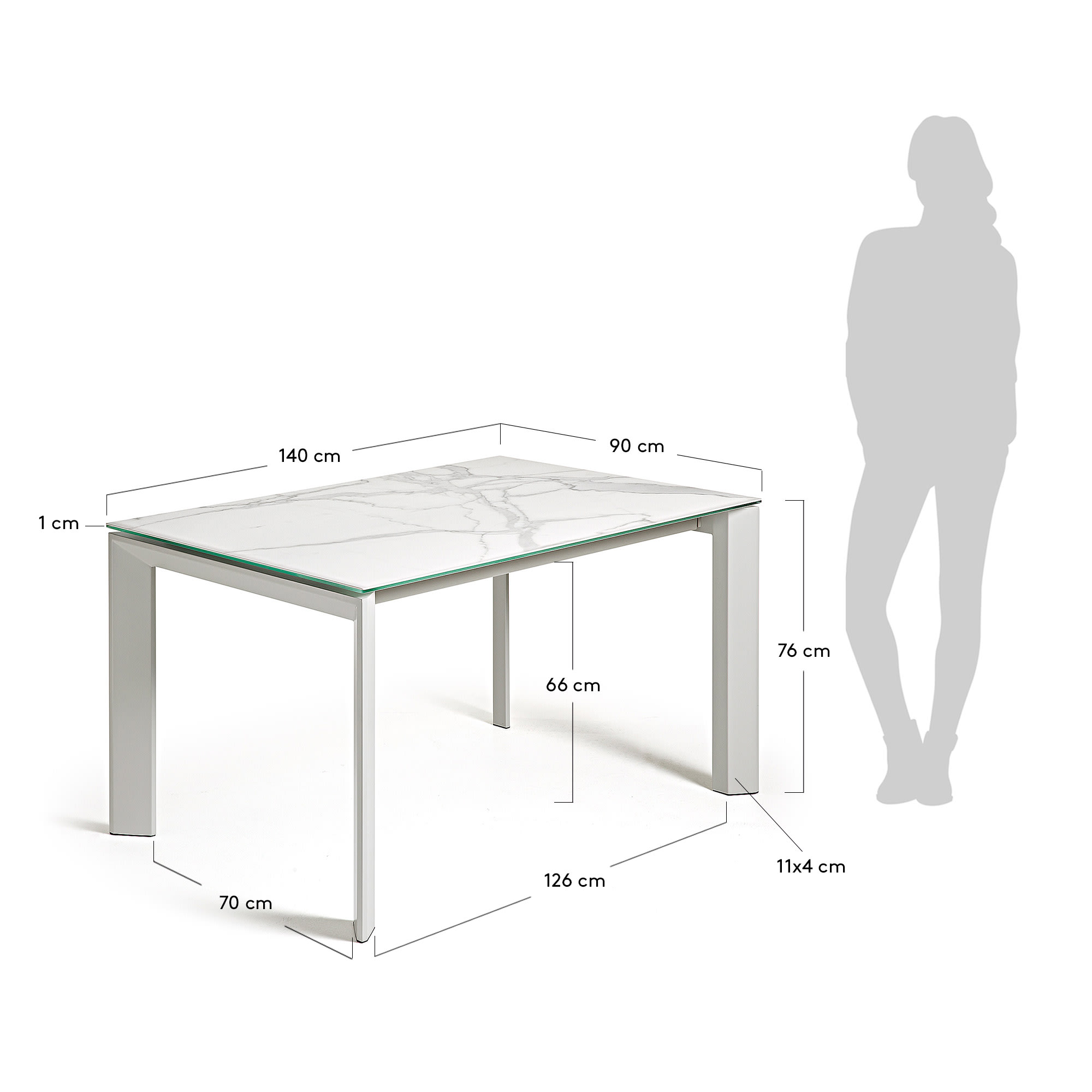 Axis porcelain extendable table in White Kalos finish with grey legs ...