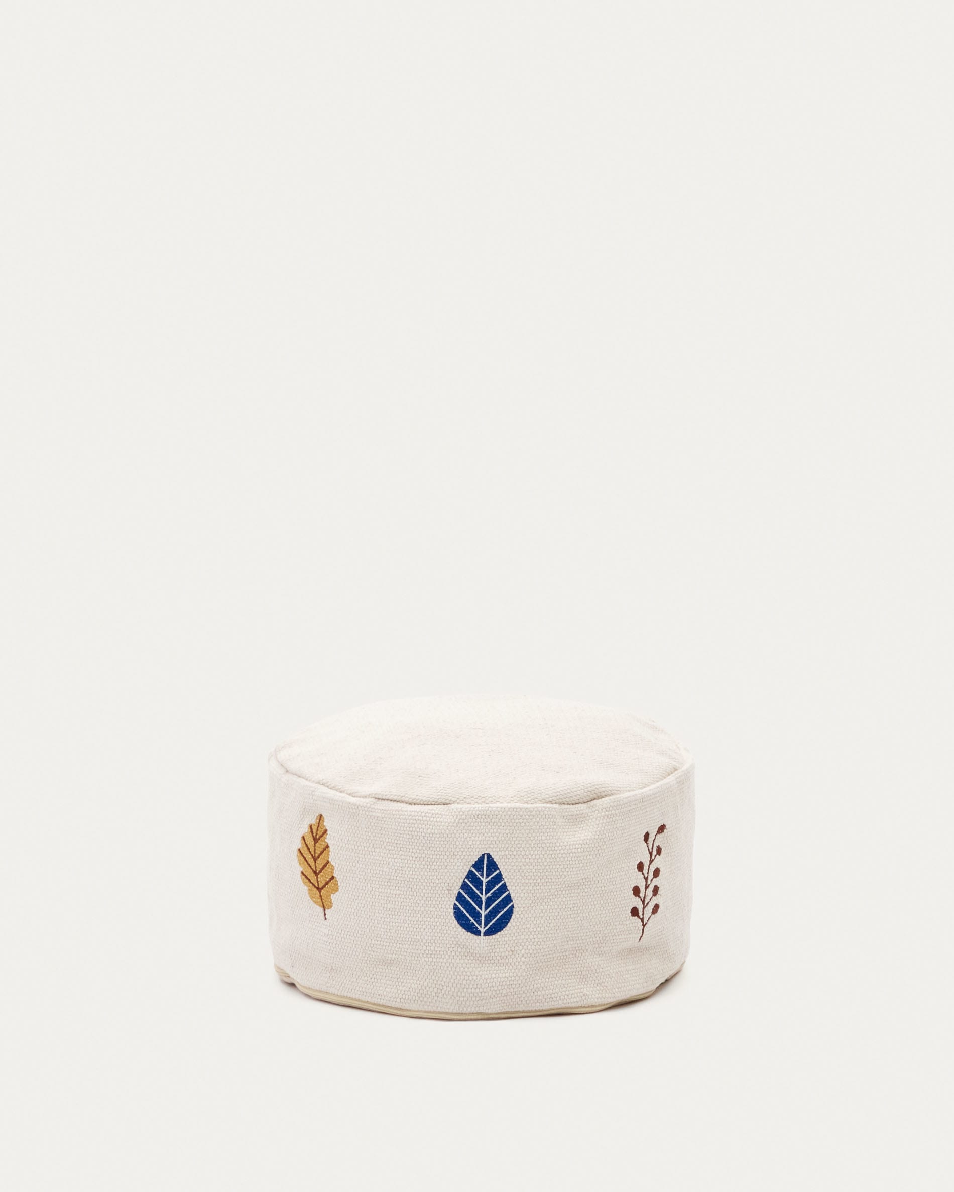 Yanil 100% white cotton pouffe with multicolour leaf embroidery Ø 40 cm ...
