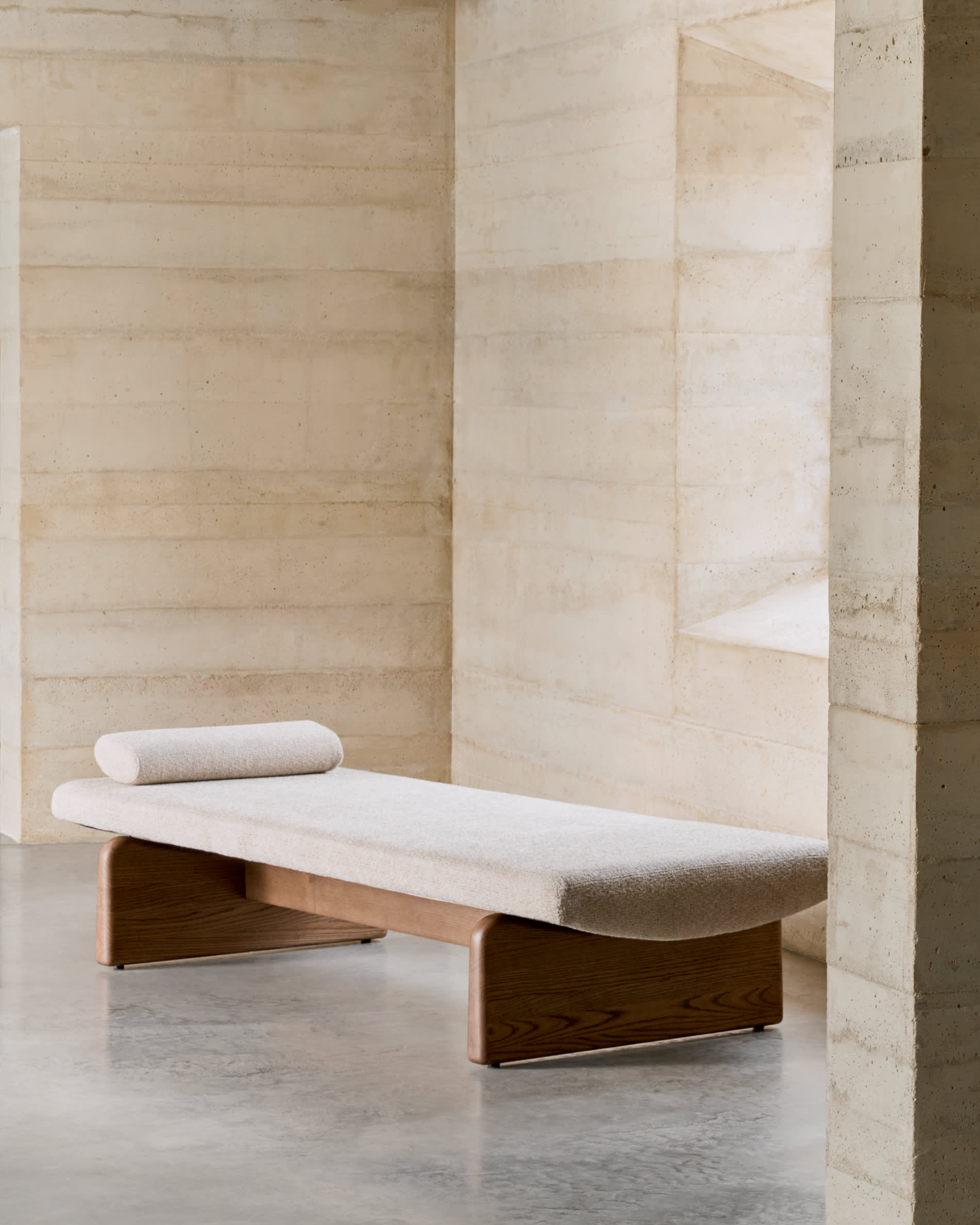 Topaz divan in beige chenille with solid ash wood in a walnut finish ...