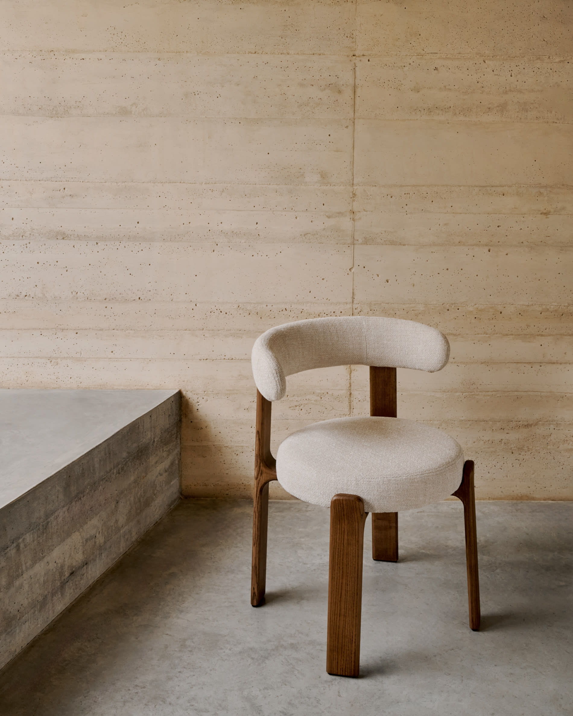 Granite chair in beige chenille and with solid ash wood in a walnut ...