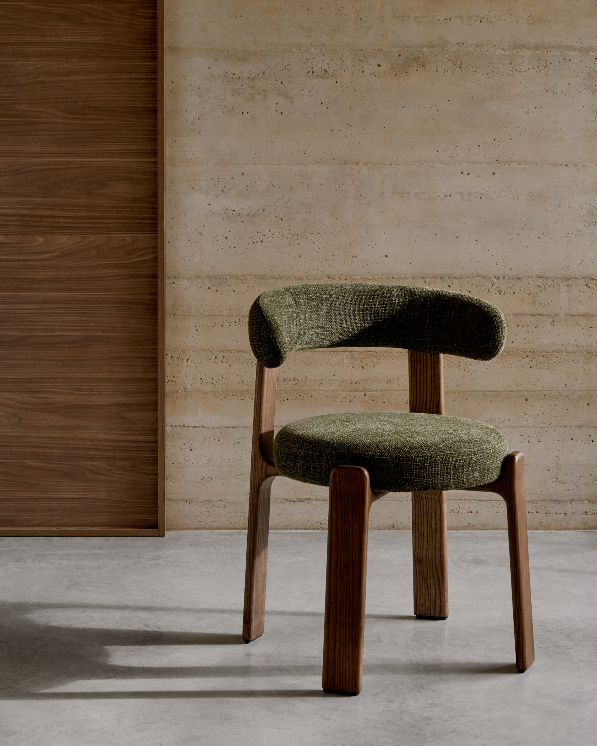 Granite chair in green chenille and with solid ash wood in a walnut ...
