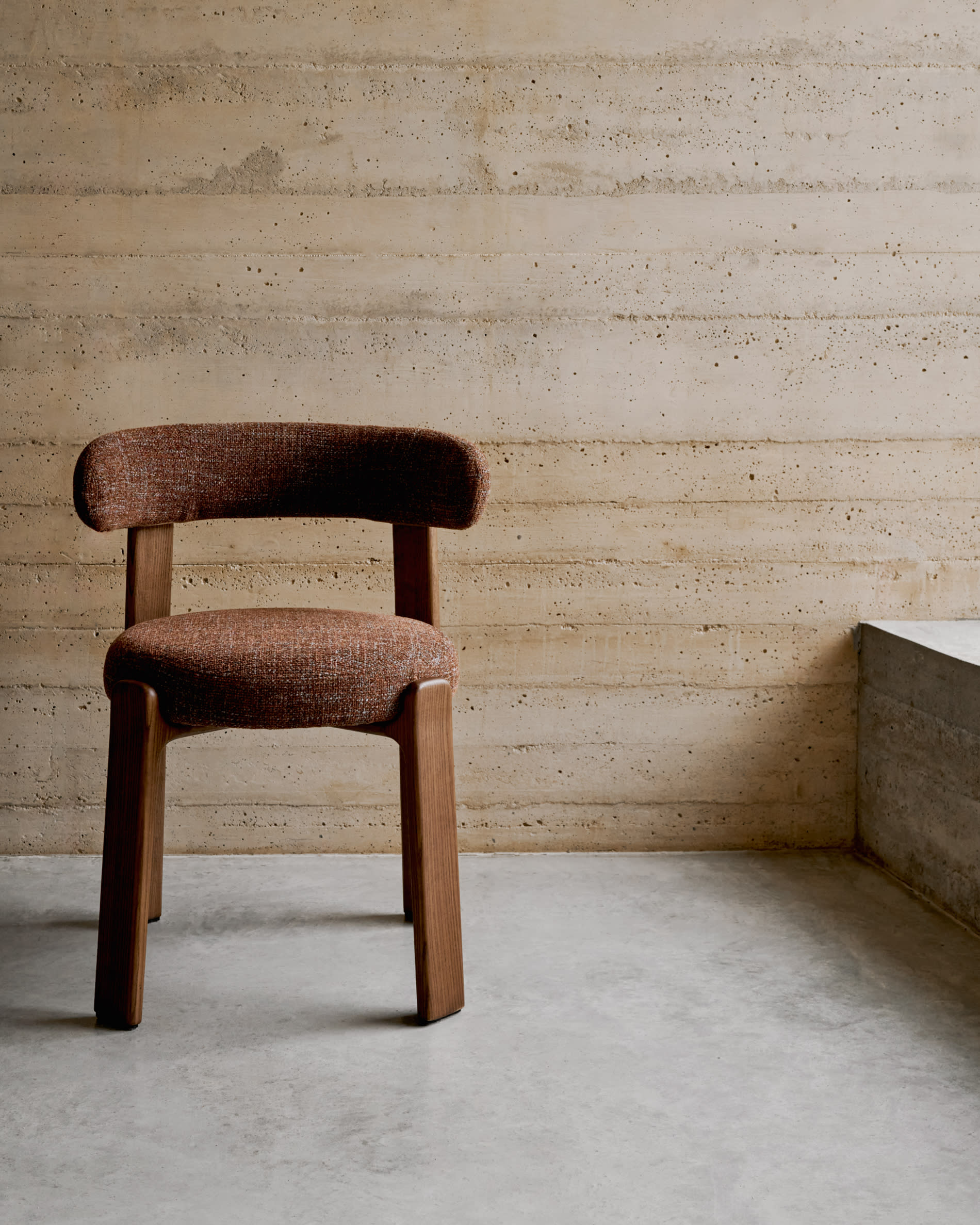 Granite chair in brown chenille and with solid ash wood in a walnut ...