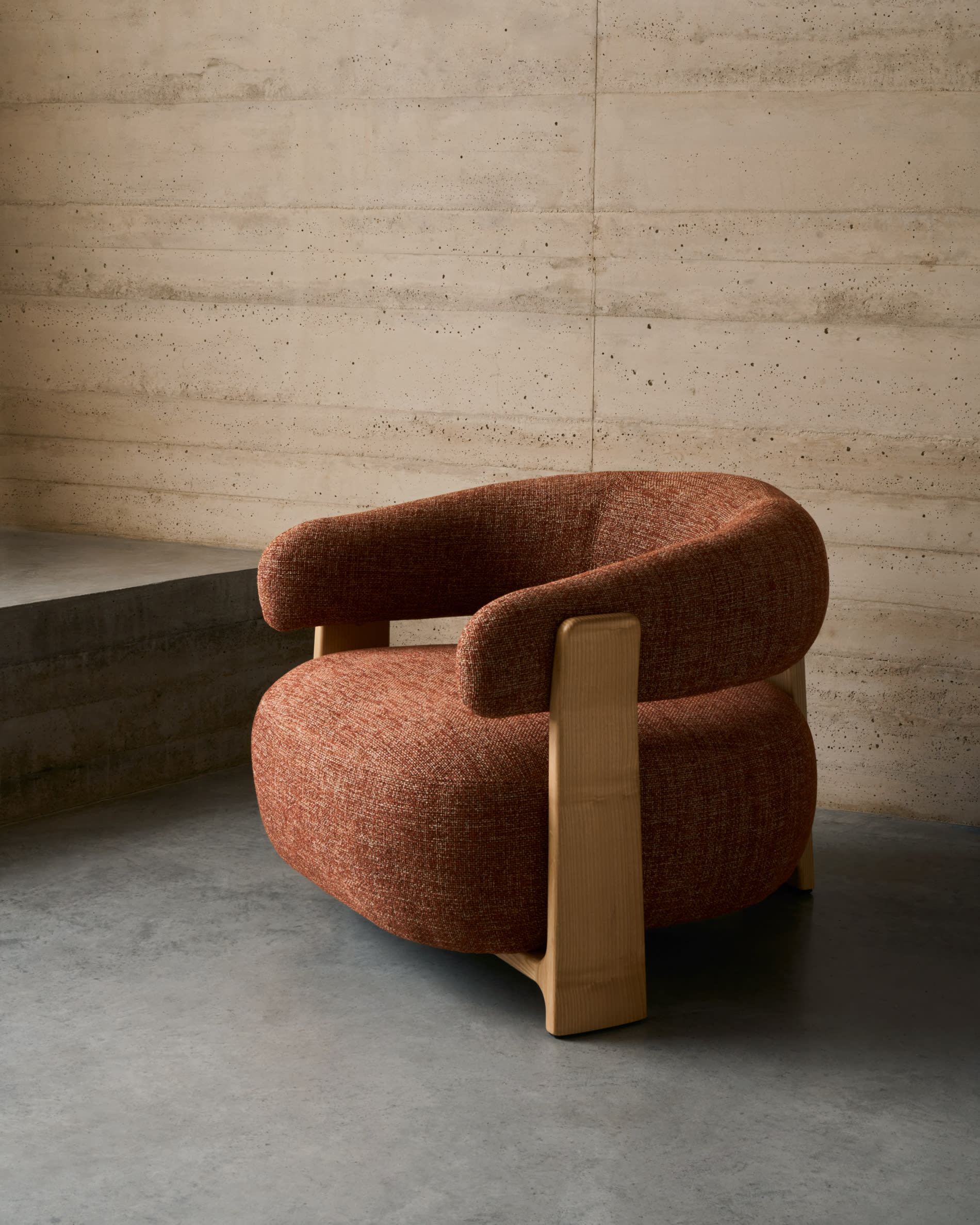 Granite terracotta chenille armchair with solid ash wood legs in a ...
