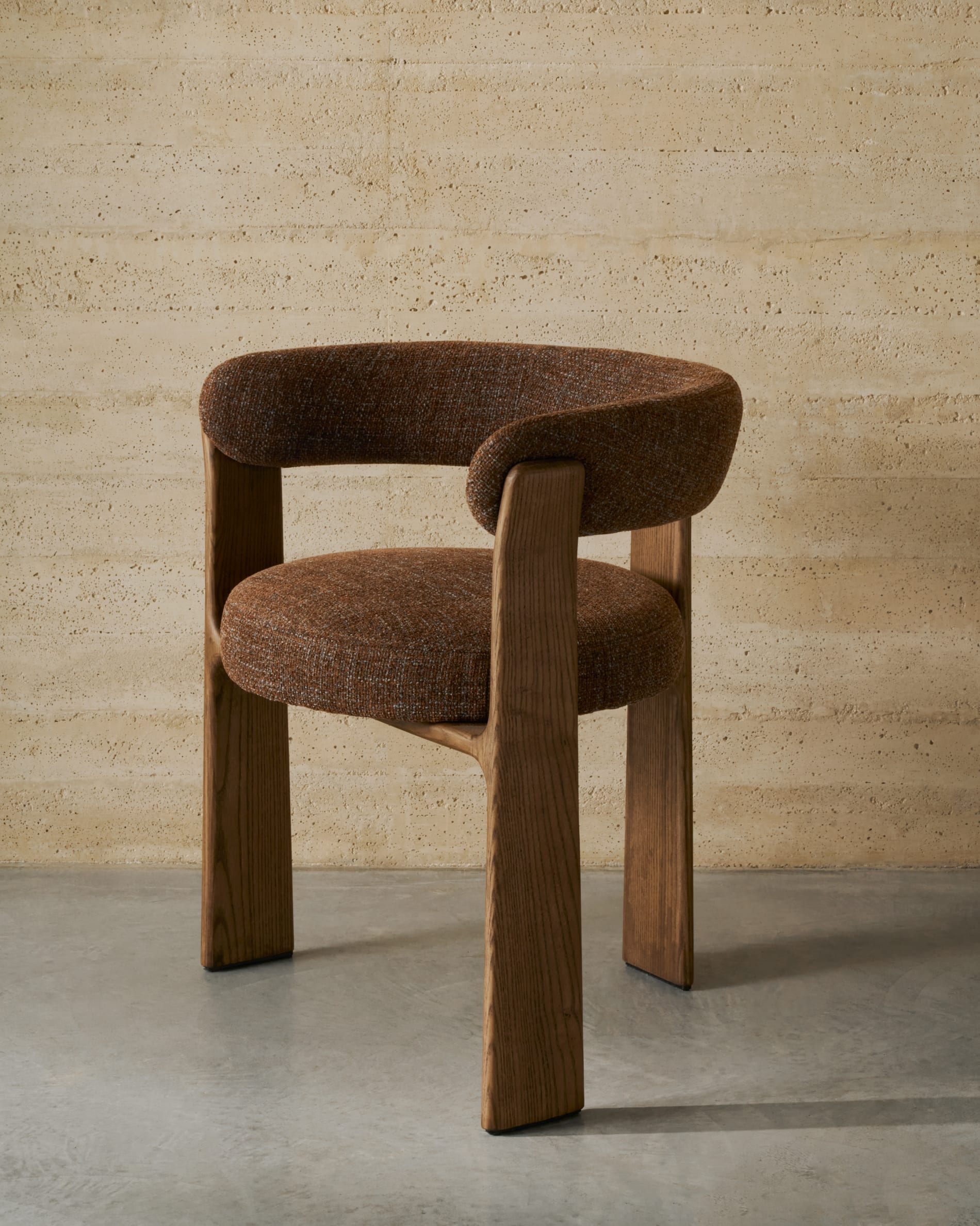 Granite 3-legged chair in brown chenille and with solid ash wood in a ...