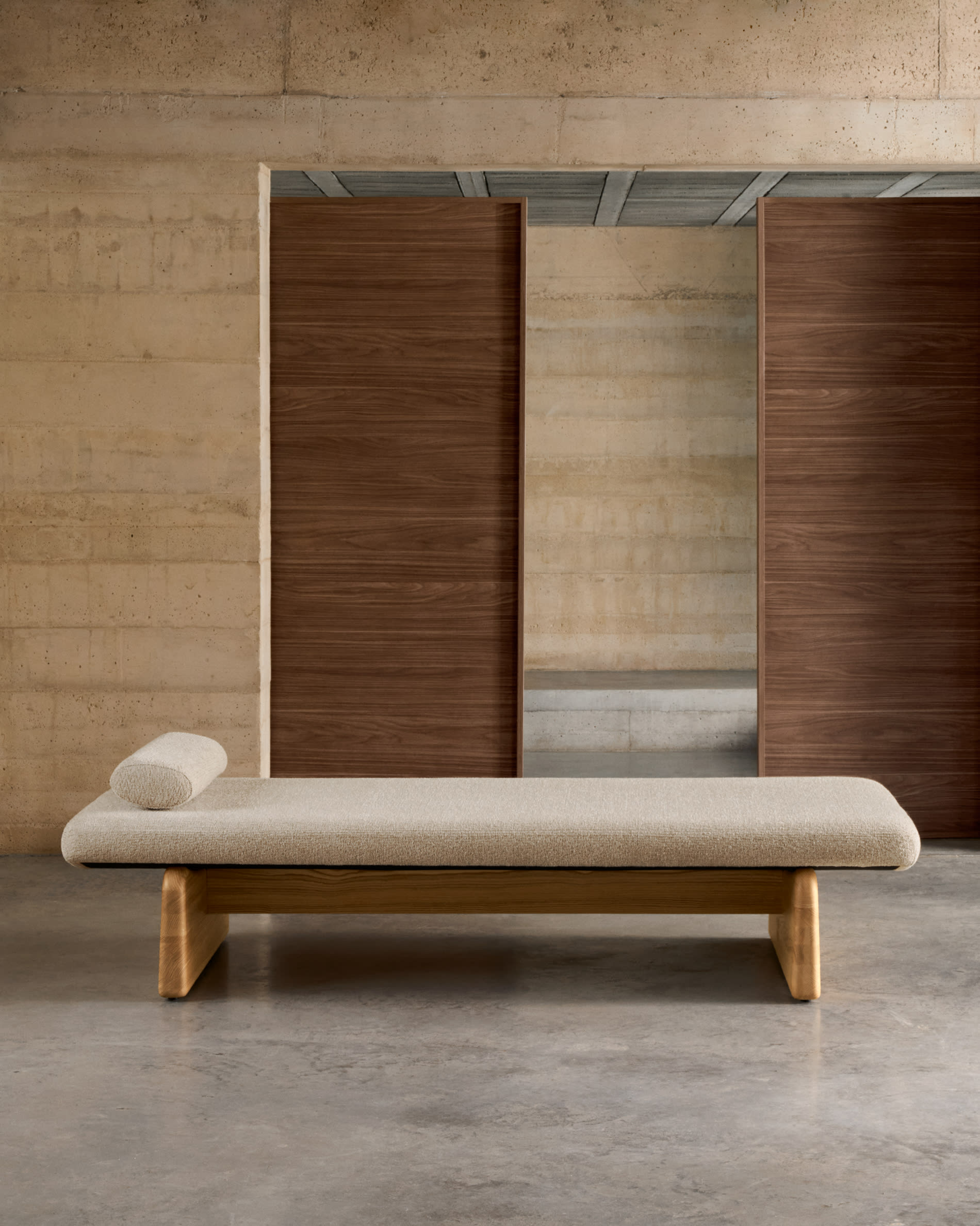 Topaz divan in beige chenille with solid ash wood in a natural finish ...