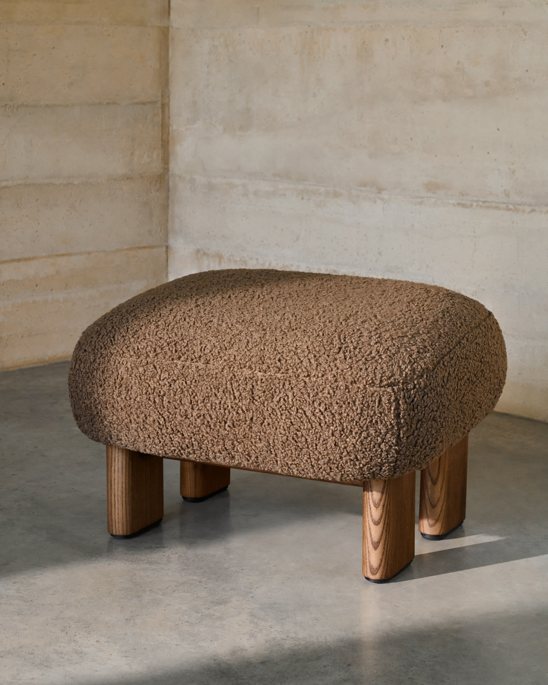 Nema taupe bouclé footstool with solid ash wood legs walnut finish ...