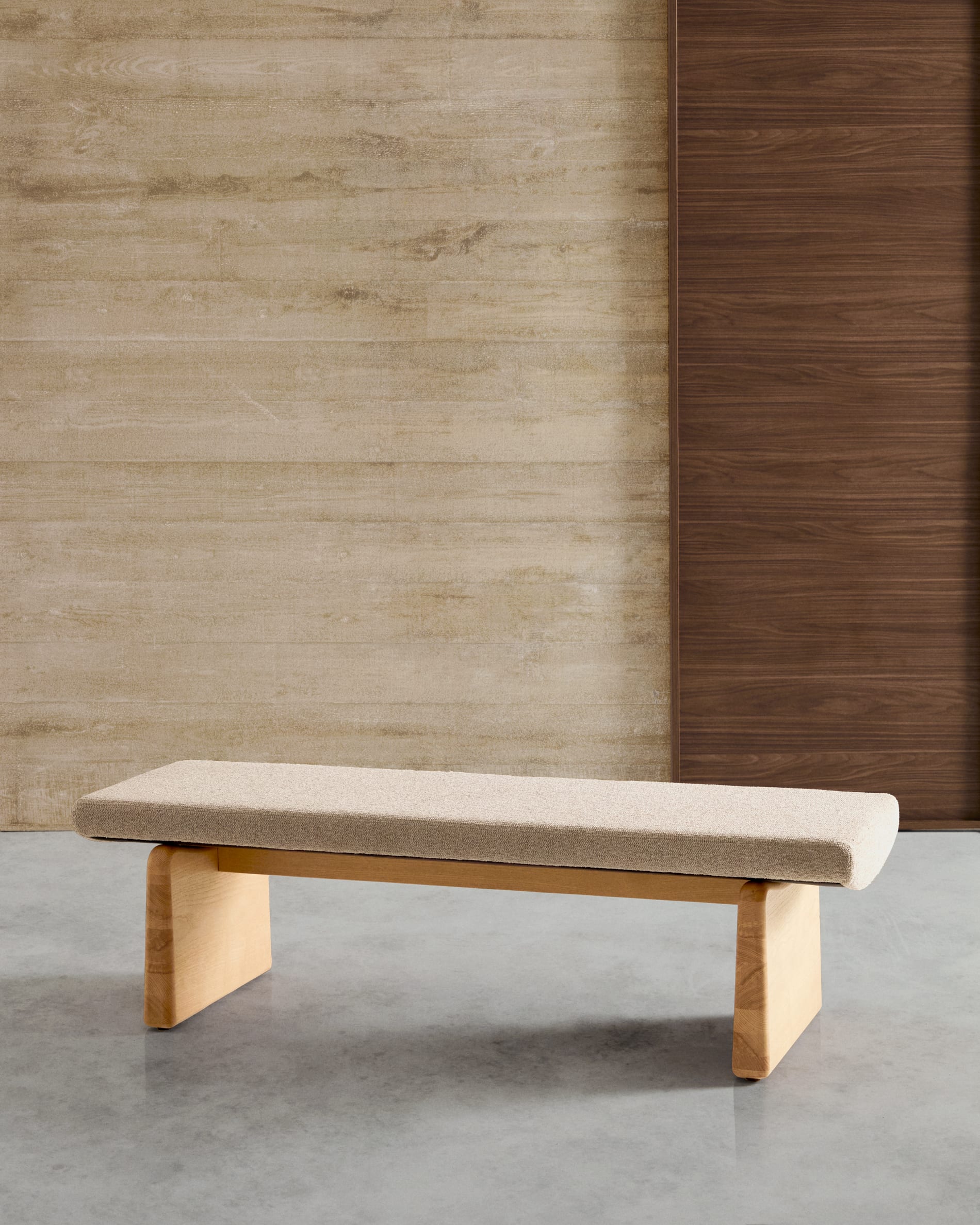 Topaz bench in beige chenille and FSC 100% solid ash wood in a natural ...