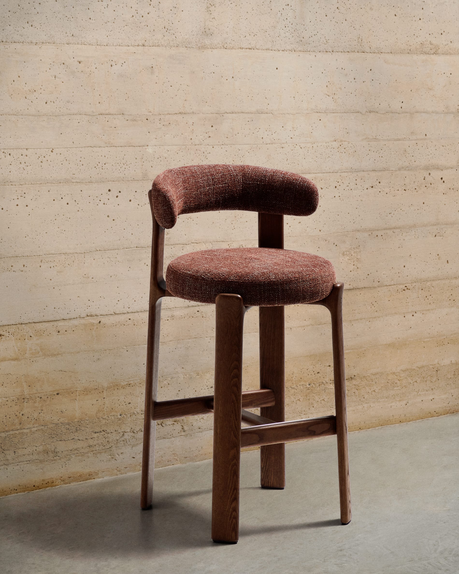Granite stool in brown chenille and solid ash wood with walnut-coloured ...