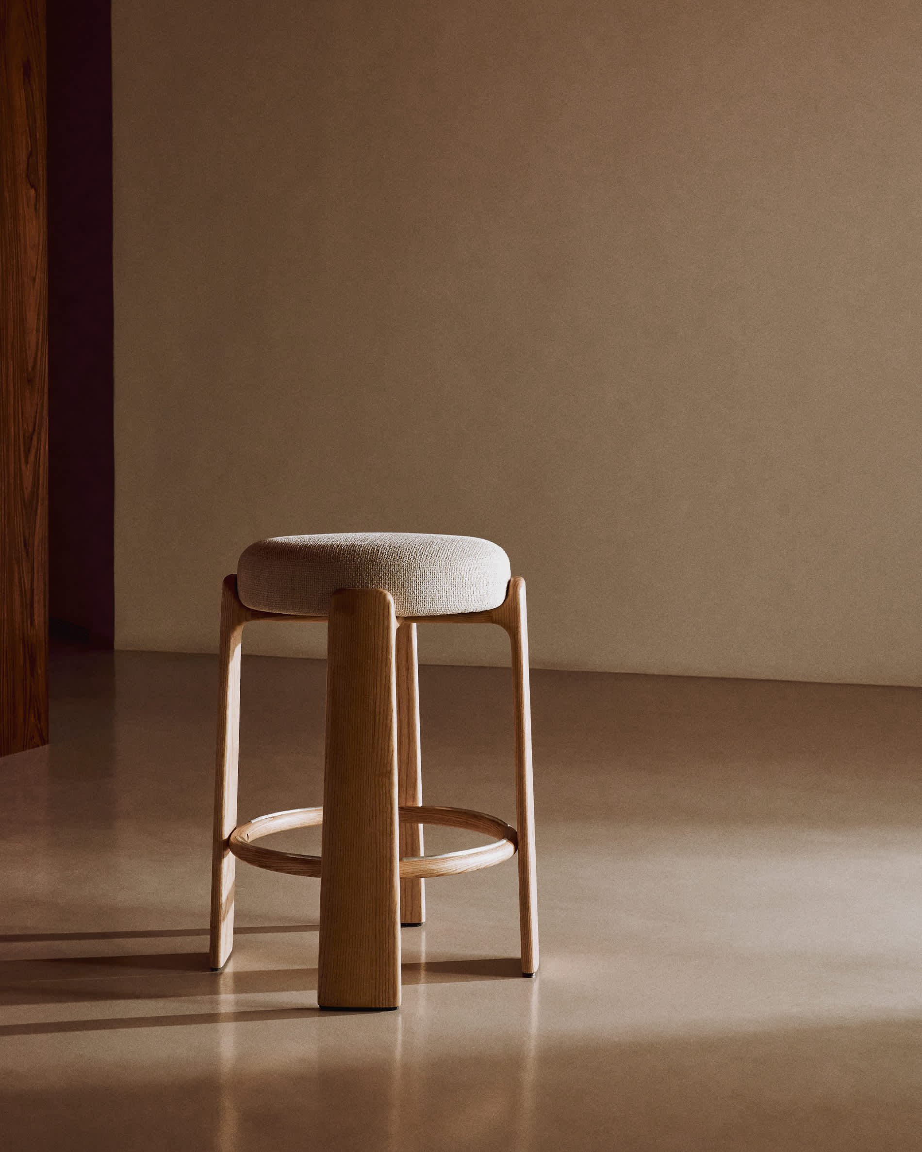 Granite stool in beige chenille and solid ash wood with natural tone ...