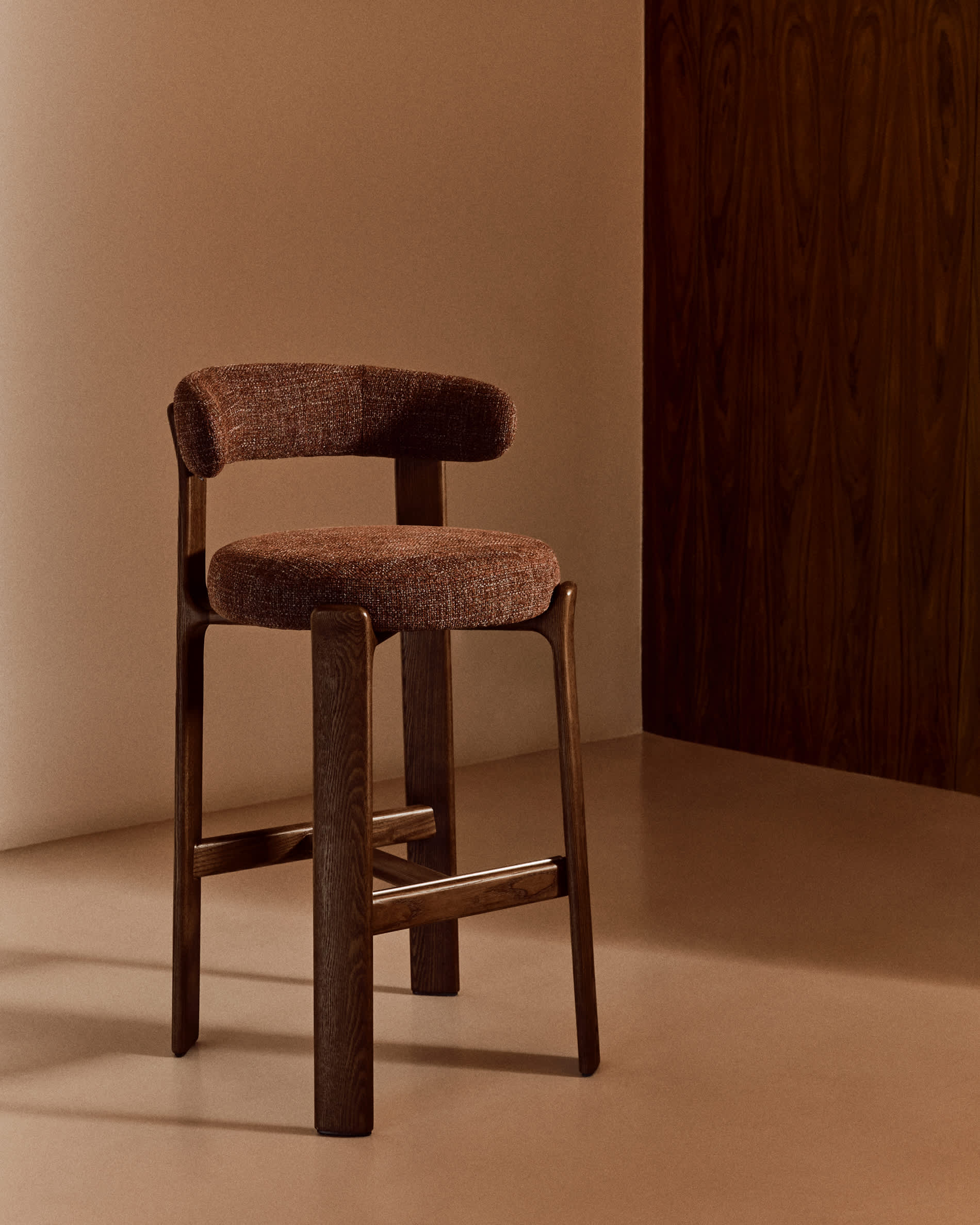 Granite stool in brown chenille and solid ash wood with walnut-coloured ...