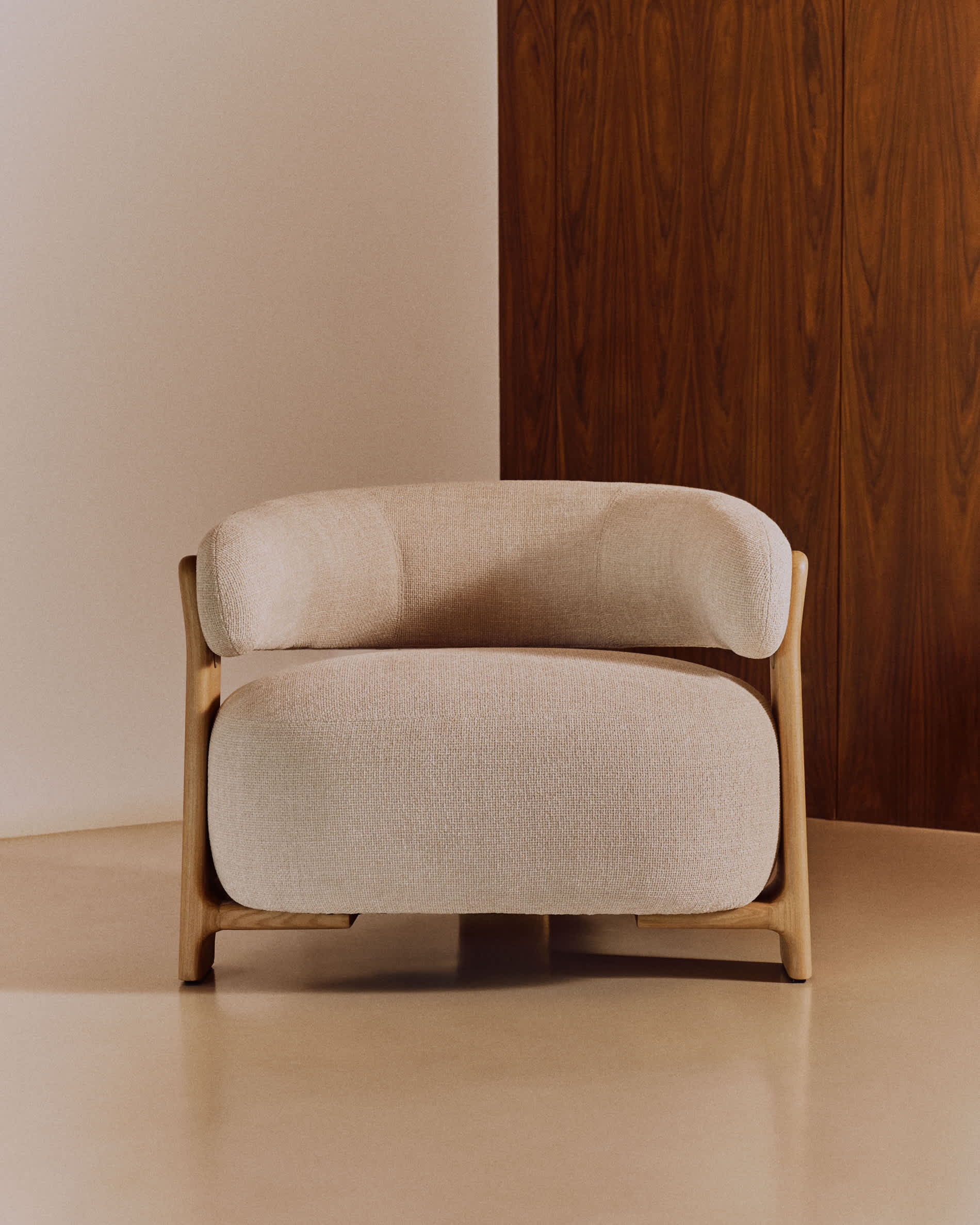Granite beige chenille armchair with solid ash wood legs in a natural ...