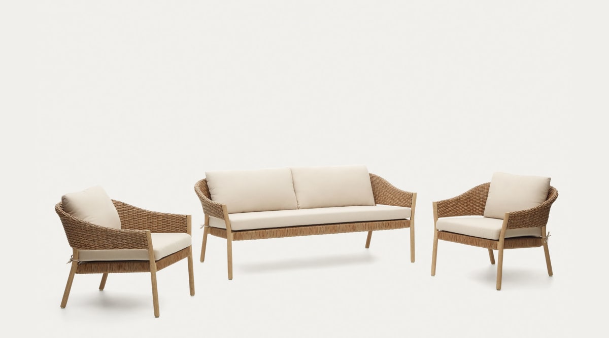 Set Pola apilable sofá 2 plazas y 2 butacas madera maciza eucalipto y ...