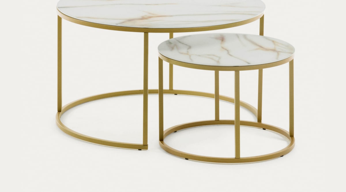Set of 2 Leonor glass side tables in white and golden steel structure Ø ...