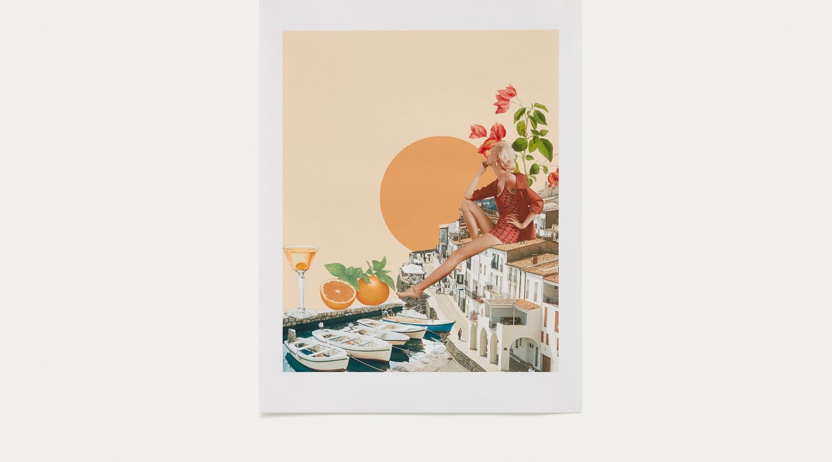 Pielago print of boats with multicoloured houses on paper 21 x 28 cm ...