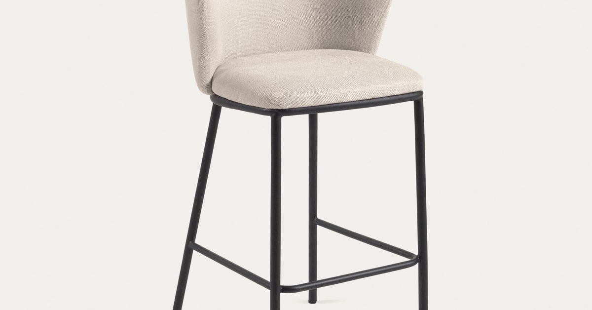 Ciselia stool in beige chenille with steel legs in black 65 cm height ...