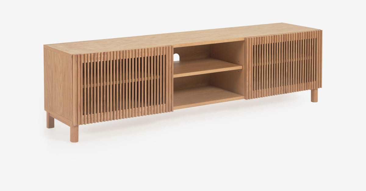 Beyla solid oak TV stand with two doors and oak veneer 180 x 49 cm FSC ...