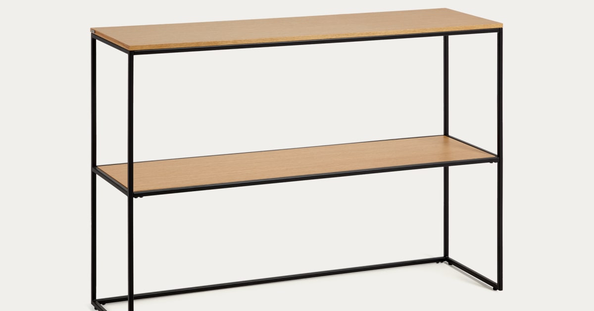 Yoana console table with oak wood veneer and painted black metal ...