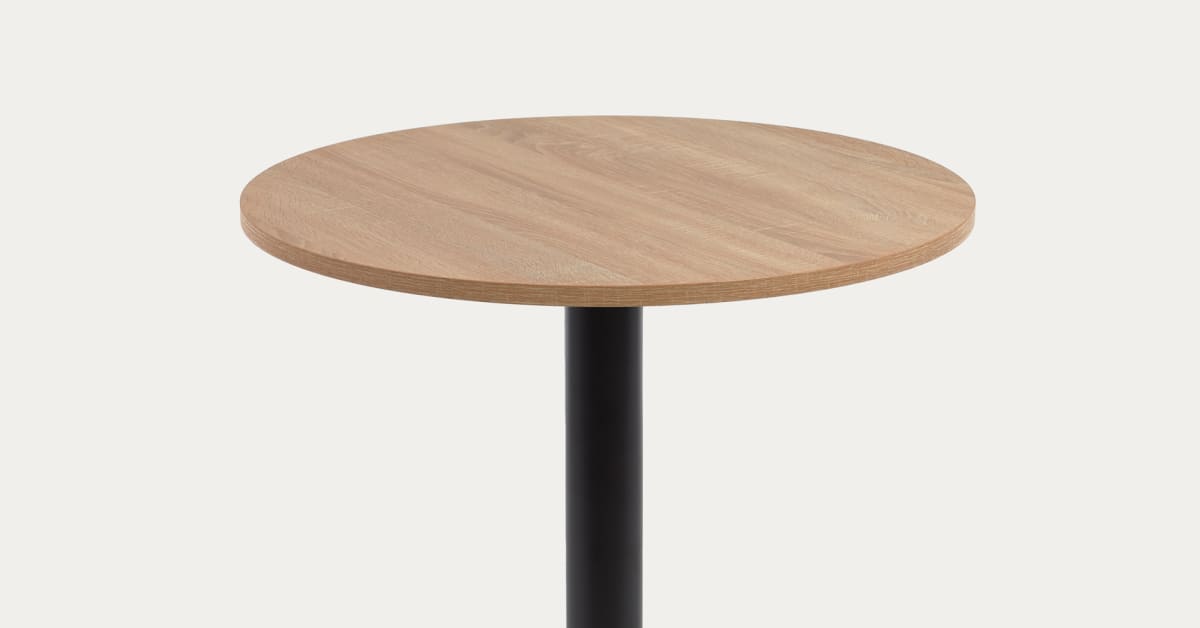 Tiaret round melamine table in natural finish with metal leg in a black ...