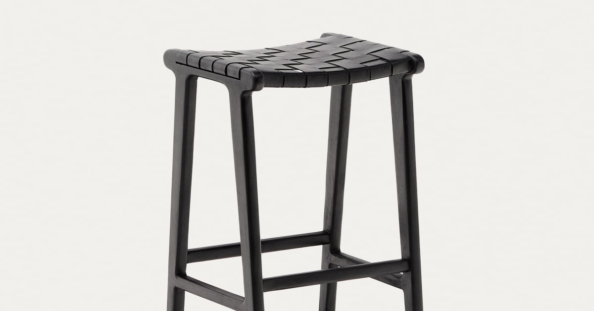 Calixta stool in leather and solid mahogany wood with black finish 67 ...