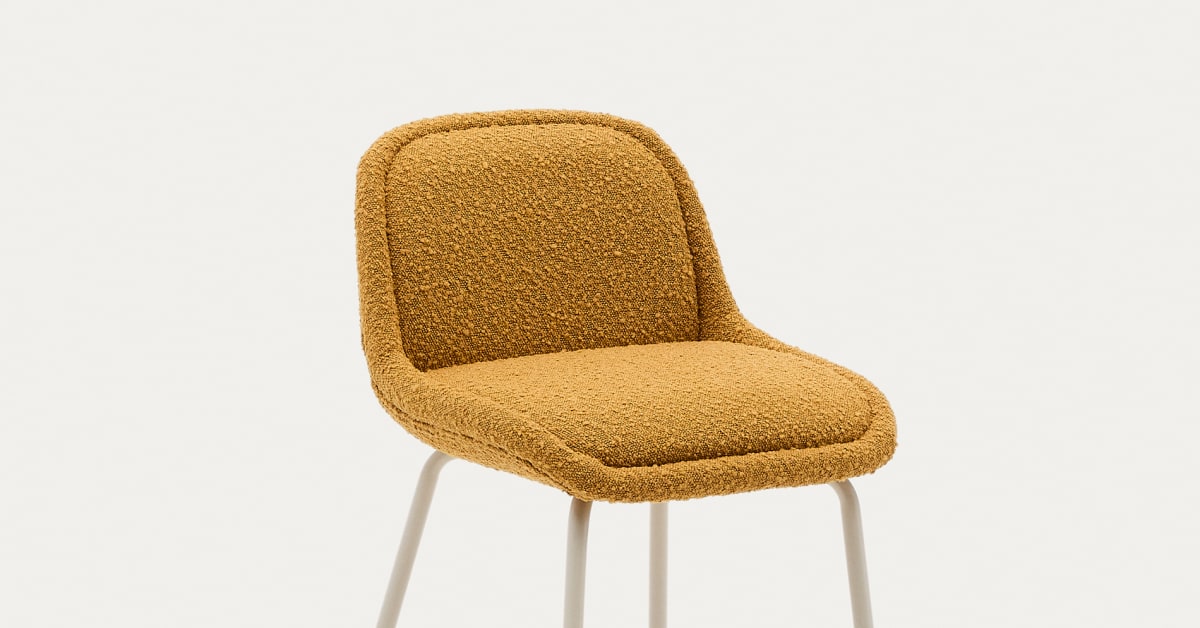 Aimin stool in mustard bouclé fabric with steel legs in a beige paint ...
