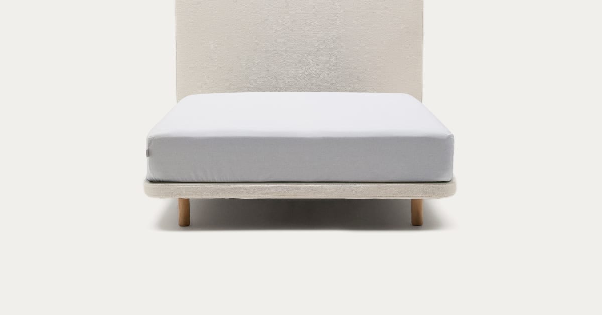 Odum bed with removable covers in beige micro bouclé with solid beech ...