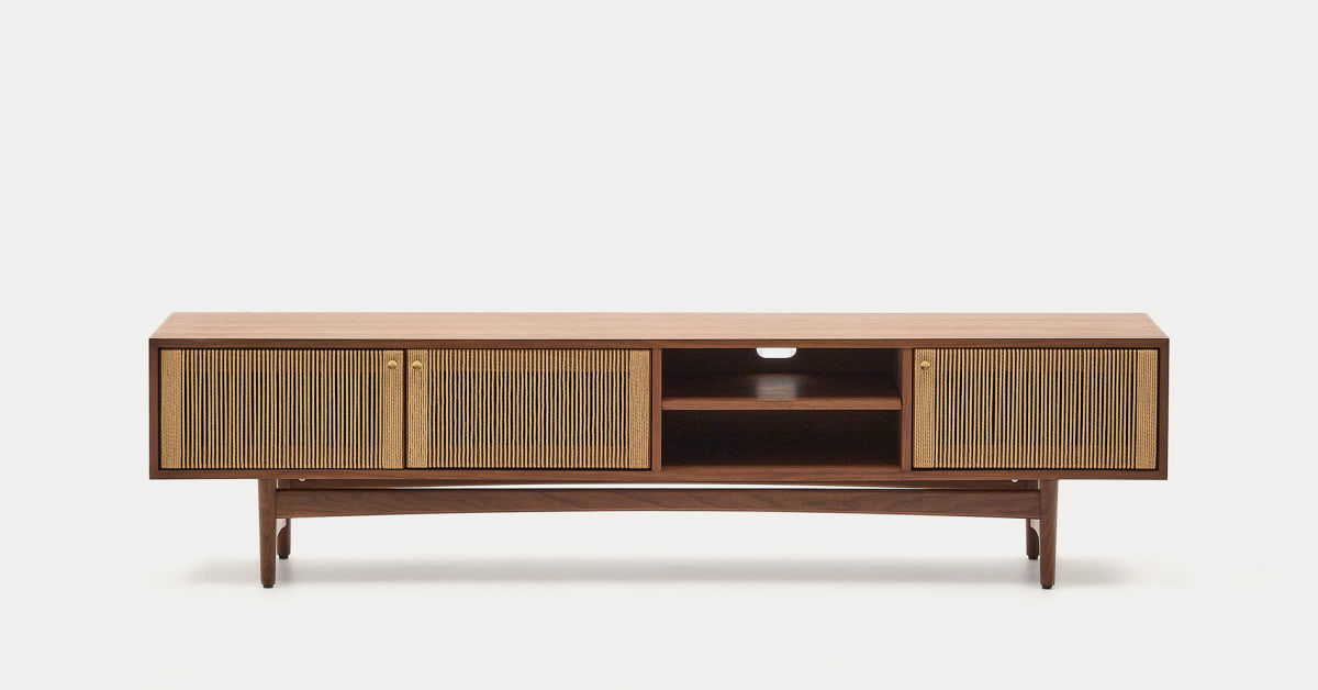 Elan TV cabinet 3 doors veneer and solid walnut and cord 200 x 50 cm ...