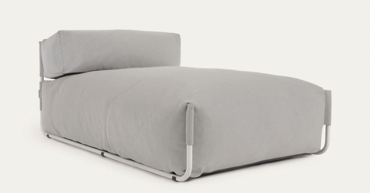 Square chaise longue pouffe with backrest in light grey with white ...