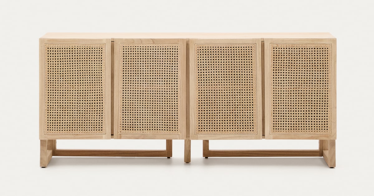 Rexit sideboard with 4 doors in solid and veneer mindi wood with rattan ...