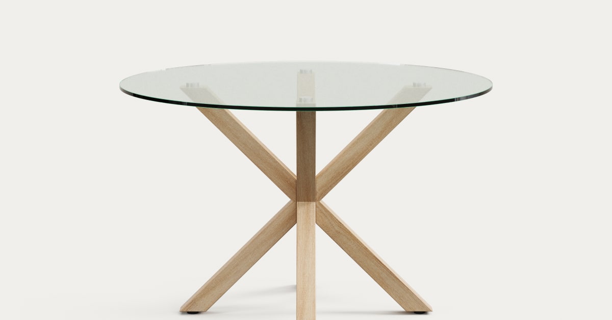 Argo round glass table with steel legs with wood-effect finish Ø 119 cm ...