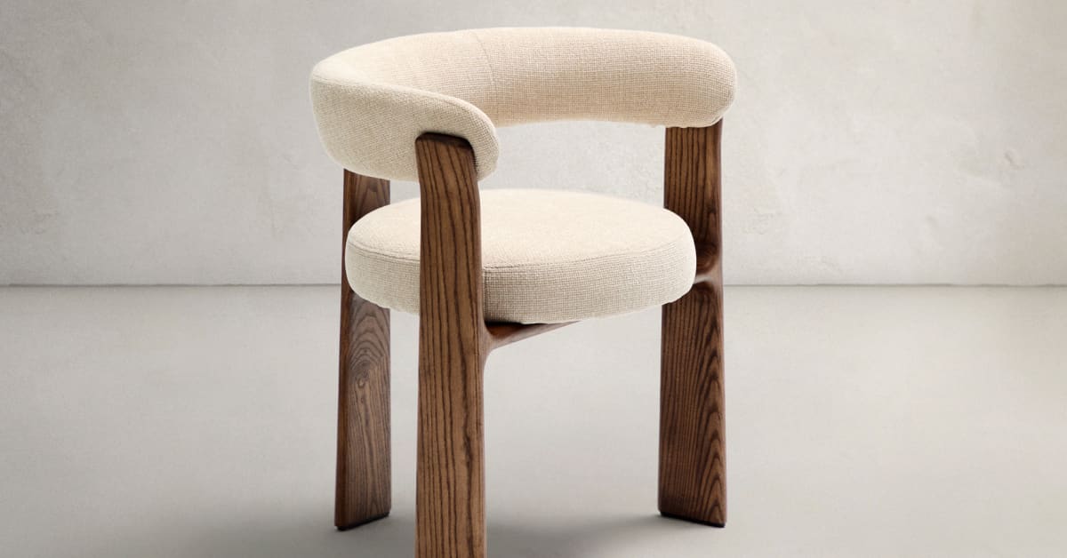 Granite 3-legged chair in beige chenille and with solid ash wood in a ...