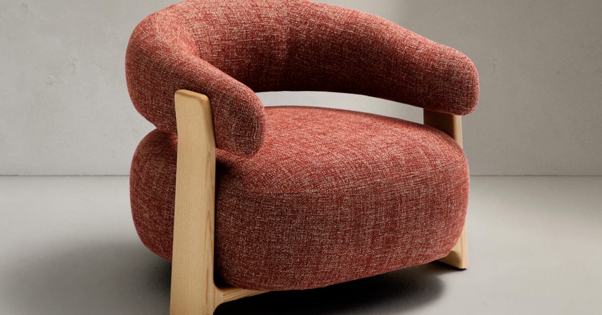 Granite terracotta chenille armchair with solid ash wood legs in a natural tone finish FSC 100% ...