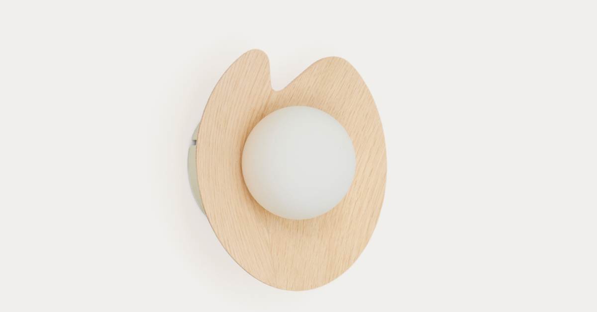 Wilara oak veneer wall-mounted light fixture with 1 smoked glass ball ...