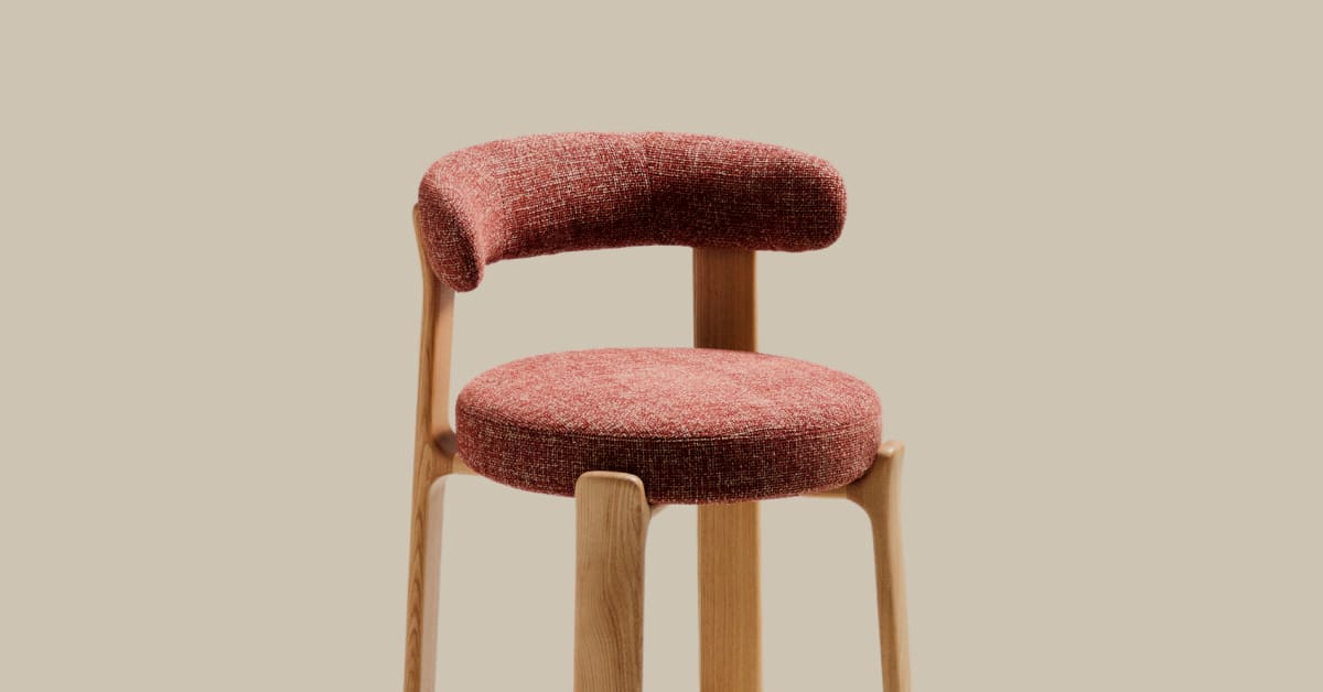 Granite stool in terracotta chenille and solid ash wood with natural ...