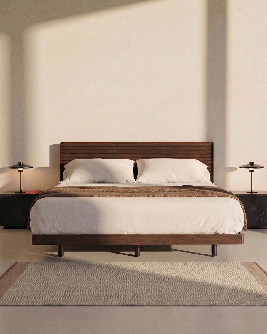 Cama Norlen de chapa de nogal con acabado oscuro y luz LED para colchón ...