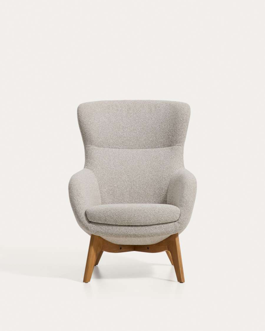 Adiran armchair in beige thick chenille with solid oak wood legs with a ...