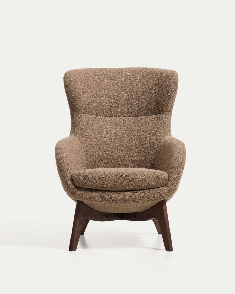 Adiran armchair in light brown thick chenille with solid oak wood legs ...