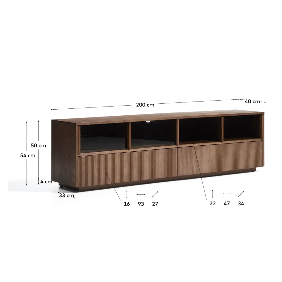 Helvine 4-drawer TV stand in ash veneer with walnut finish and tempered ...
