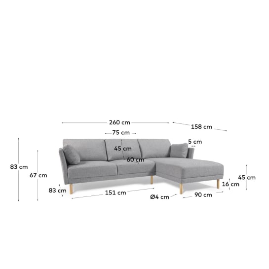 Gilma grey 3-seater sofa with right-hand chaise longue with legs in ...