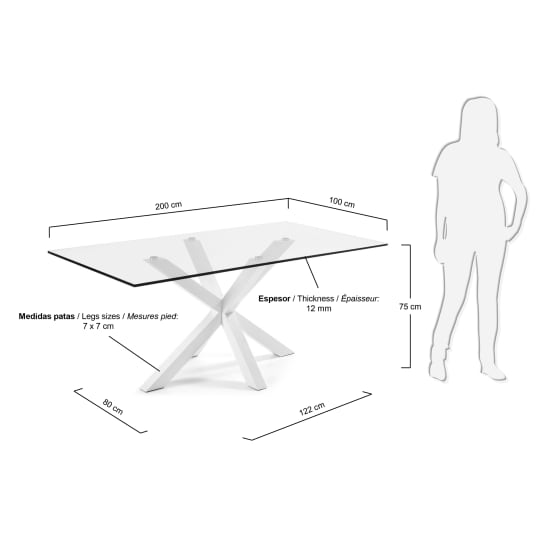 Table Argo en verre et pieds en acier finition blanche 200 x 100 cm | Kave Home