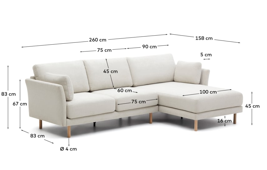 Sofá Gilma 3 plazas chenilla chaise longue derecho/izquierdo perla y ...